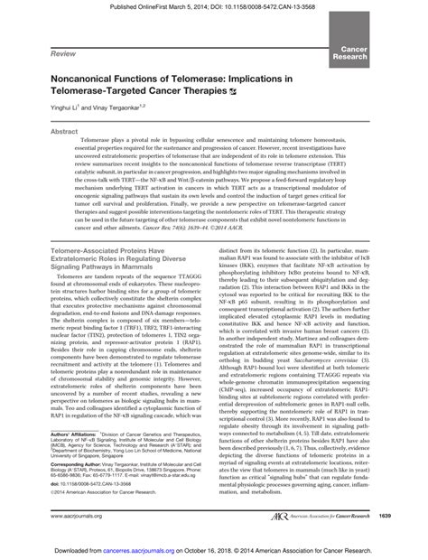 Pdf Noncanonical Functions Of Telomerase Implications In Telomerase