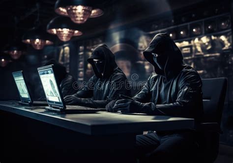 Hacker In Black Hoodie Working On Laptop In The Dark Room Dangerous