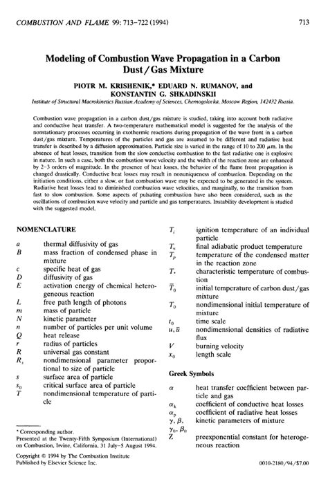 Pdf Modeling Of Combustion Wave Propagation In A Carbon Dustgas Mixture