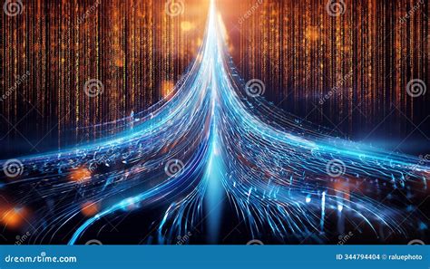 streams of glowing blue data flow against a backdrop of orange binary