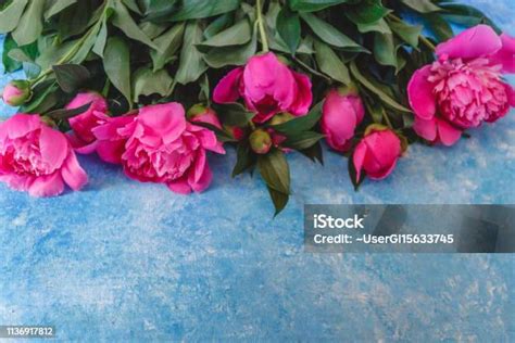 파란색 대리석콘크리트 배경에 꽃병에 분홍색 보라색 모란의 꽃다발 위에서 보기 플랫 레이 0명에 대한 스톡 사진 및 기타 이미지