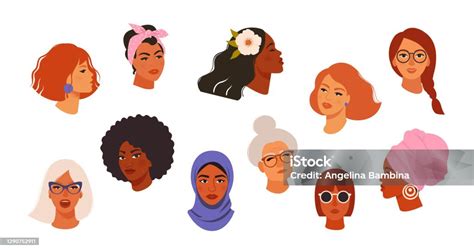 다른 피부 색깔 나이 헤어 스타일 얼굴 유형의 아름다운 여성의 초상화 흰색 배경에 고립 된 다양한 유행 여성 캐릭터의 아바타 플랫 벡터 만화 일러스트레이션 여자에 대한 스톡