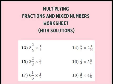 Multiplying Fractions And Mixed Numbers Worksheet With Solutions Teaching Resources