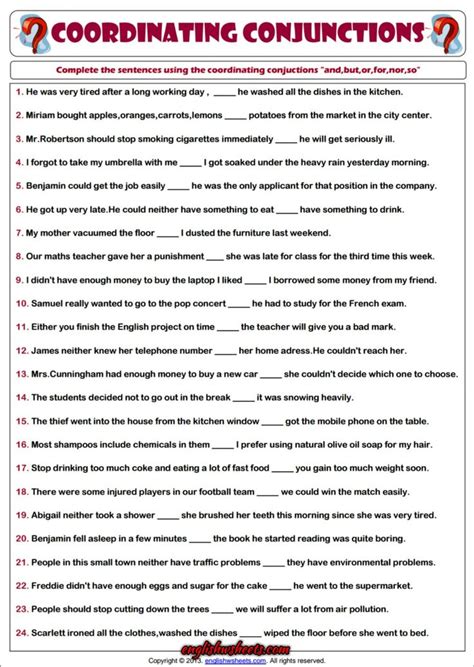 Coordinating Conjunctions Esl Printable Grammar Worksheet