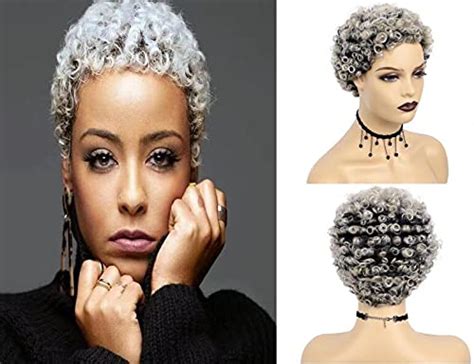 Badshop Short Grey Curly Wigs For Black Women Gray Pixie Cut Kinky