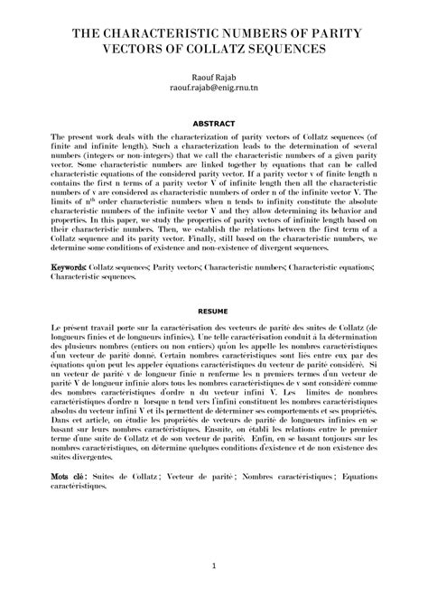 Pdf The Characteristic Numbers Of Parity Vectors Of Collatz Sequences