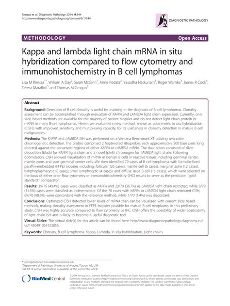 Pdf Kappa And Lambda Light Chain Mrna In Situ Hybridization Compared