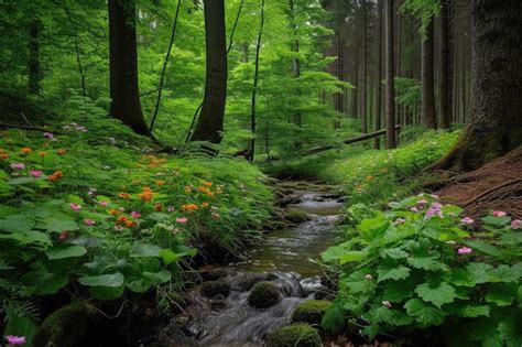 Premium Photo Beautiful Green Forest With A Stream And Flowers In The
