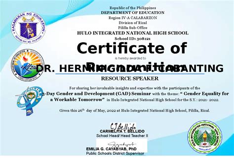 Cetificate Of Recognition For Gad Carmelita T Bellido School Head