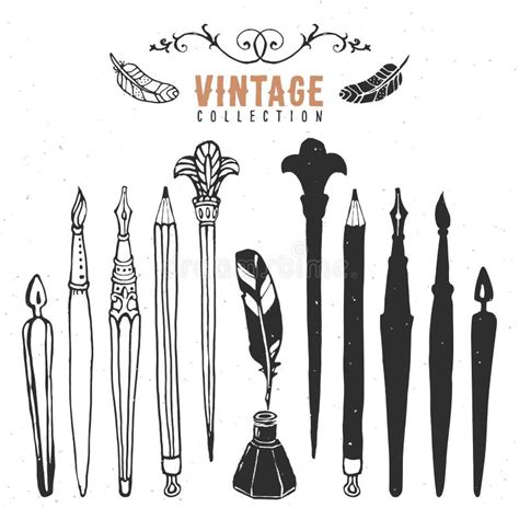 Vintage Retro Old Nib Pen Brush Ink Collection Stock Vector Illustration Of Element