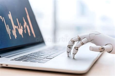 Robotic Hand Typing On A Laptop Keyboard With Data Visualization On The Screen Perfect For