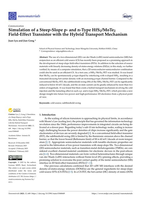 Pdf Simulation Of A Steep Slope P And N Type Hfs2 Mote2 Field Effect Transistor With The