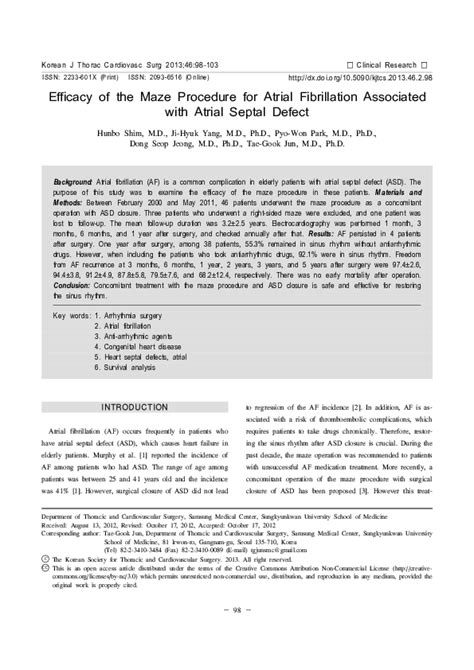 Pdf Efficacy Of The Maze Procedure For Atrial Fibrillation Associated With Atrial Septal Defect