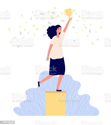 받침대에 사업가 여성 캐릭터 는 성공 소녀는 손에 트로피를 들고있다 골든컵 수상 승리 벡터 일러스트 개념에 대한 스톡 벡터 아트 및 기타 이미지 Istock