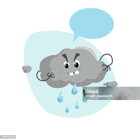 비 만화 흐린된 폭풍 구름 방울 마스코트 날씨 비와 폭풍 기호입니다 더미 연설 거품 및 작은 구름 문자 말하기 벡터 일러스트