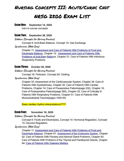 Exam List Nrsg 2500 Lecture Notes For Ob Nursing Concepts Iii Acutechrnc Cndt Nrsg 2500