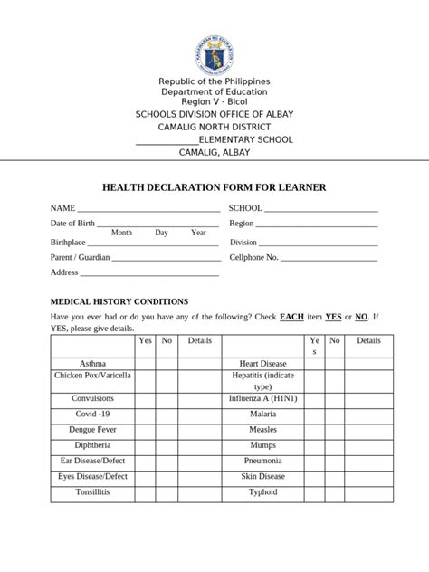 Health Declaration Form For Learner Pdf Immunology Medical