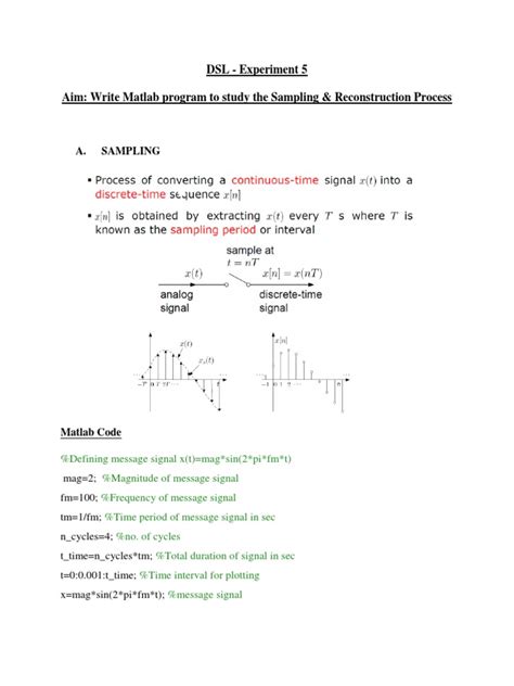 Dsl Experiment 5 Aim Write Matlab Program To Study The Sampling