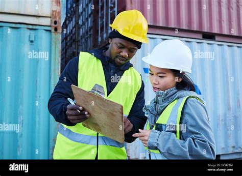Logistics Clipboard And Diversity Team Work On Cargo Container And Supply Chain Delivery Or