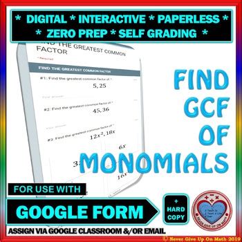 Use With Google Forms Find GCF Of Monomials Quiz Or Homework TpT
