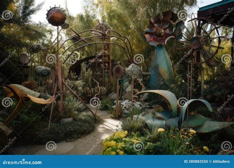 Surrealist Garden With Abstract Flora Fauna And Structures Of Natural