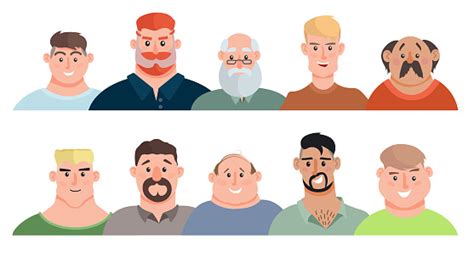성인 남자 아바타 세트 청남 청소년 노인 얼굴 아바타 초상화 다문화 인간의 머리 초상화 벡터 일러스트레이션 컬렉션입니다 흰색으로 격리됩니다 20 29세에 대한 스톡 벡터