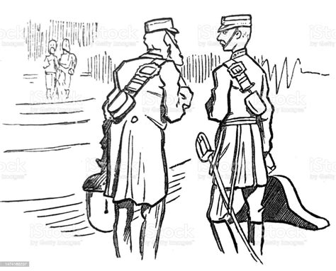 영국 풍자 만화 만화 캐리커처 삽화 군복을 입은 두 남자가 서서 서로 이야기하고 있다 19세기에 대한 스톡 벡터 아트 및 기타 이미지 19세기 19세기 스타일 검