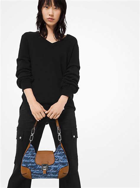 bancroft medium signature print denim shoulder bag michael kors