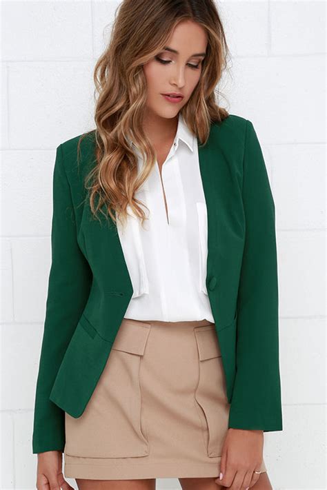 Chic Dark Green Blazer Cropped Blazer Collarless Blazer 6500