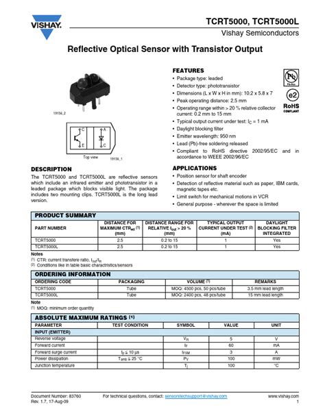 Tcrt5000 Datasheet Tcrt5000 Vishaytelefunken Pdf Reflective Optical Sensor Vishay Telefunken