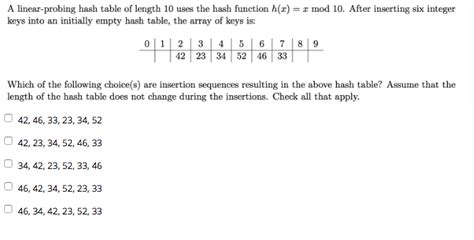 Solved A Linear Probing Hash Table Of Length 10 Uses The