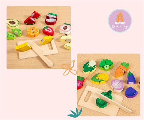 Cocos 📸 ხის საჭრელი ხილი და ბოსტნეული შემეცნებითი სათამაშო ბავშვებისთვის 🍉🥦 სურათზე