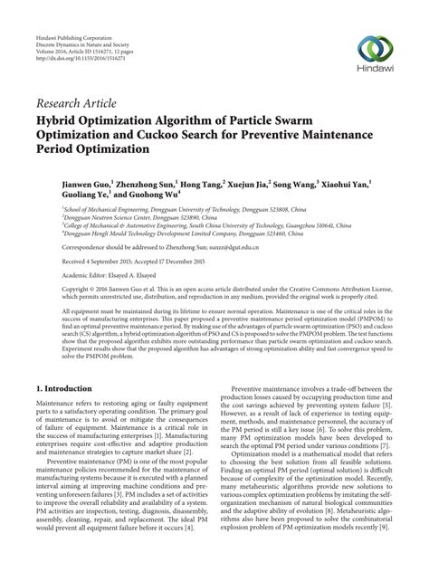 pdf hybrid optimization algorithm of particle swarm optimization and cuckoo search for