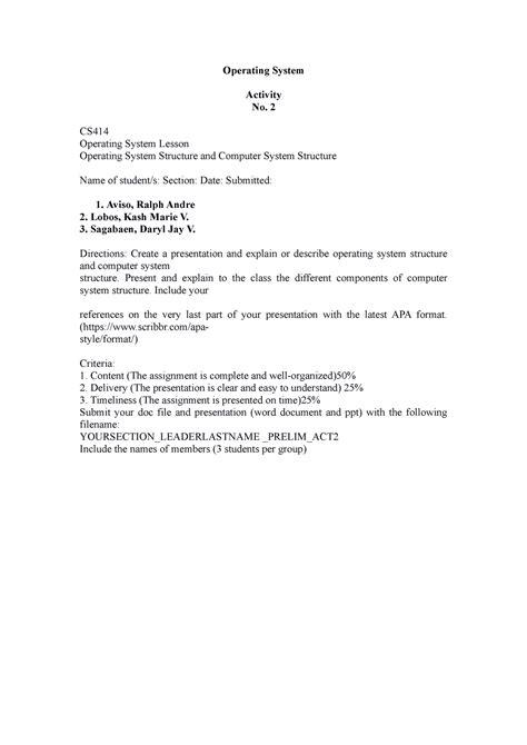 Bscs4 Aviso Prelim Act2 Operating System Activity No 2 Cs Operating System Lesson Operating