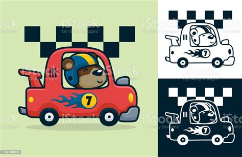 경주 용 자동차에 헬멧을 쓰고 재미 있은 곰 평면 아이콘 스타일의 벡터 만화 그림 기에 대한 스톡 벡터 아트 및 기타 이미지