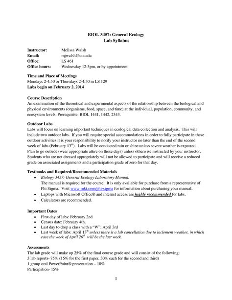 Biol 3457 Lab Syllabus Sp15 Biol 3457 General Ecology Lab Syllabus Instructor Melissa Walsh