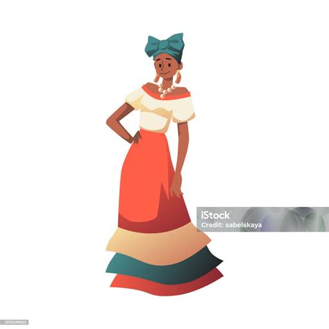 화려한 의상을 입은 쿠바 여성 만화 플랫 벡터 일러스트레이션 고립 여자에 대한 스톡 벡터 아트 및 기타 이미지 여자 카리브 문화 카리브 해 제도 Istock