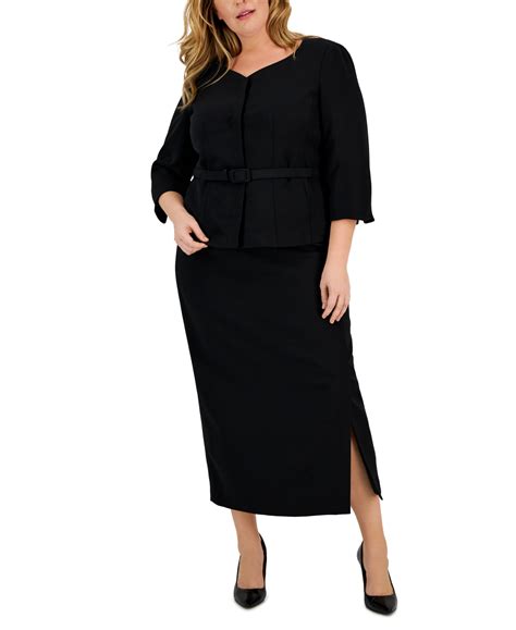 Le Suit Plus Size Collarless Belted Jacket And Column Skirt Suit In