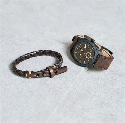 Ripley Set Reloj Fossil Hombre An Logo Fs Set Machine Marr N Acero Inoxidable Pulsera Cuero