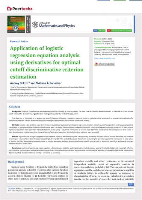 PDF Application Of Logistic Regression Equation Analysis Using Derivatives For Optimal Cutoff