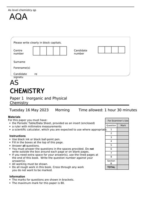 Aqa As Chemistry Paper 1 And 2 May 2023 Question Papers Stuvia Us