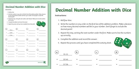 Decimal Number Addition With Dice Worksheet Twinkl