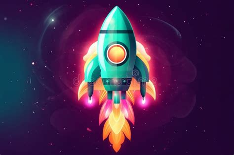 Cartoon Style Minimal Spaceship Rocket Icon Toy Rocket Upswing Spewing Smoke And Flame Stock