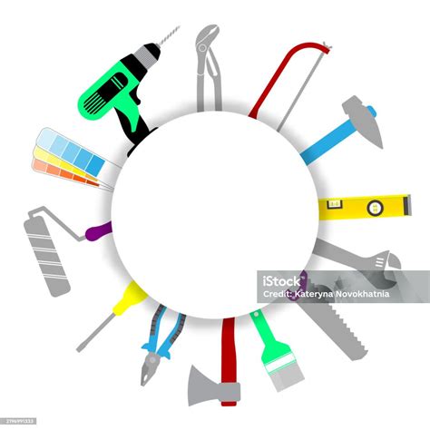 전문 핸디 서비스 다채로운 도구 모음과 원형 텍스트 공간이 있는 로고를 위한 빈 템플릿입니다 웹 사이트 디자인 앱 Ui를 위한 흰색 배경에 수리 도구 세트 그림자 주당순이익