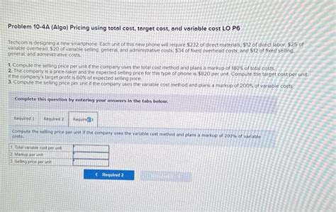 solved problem 10 4a algo pricing using total cost target