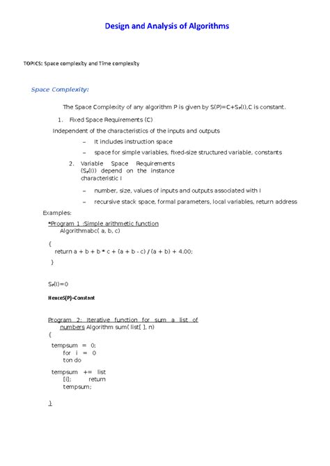 Space Complexity And Time Complexity Fixed Space Requirements C Independent Of The Studocu