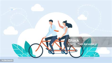 행복한 젊은 남녀 캐릭터 커플이 탠덤 자전거를 타고 쌍둥이 자전거를 타고 행복하게 웃는 커플 가족 협력의 개념 남편과 아내는