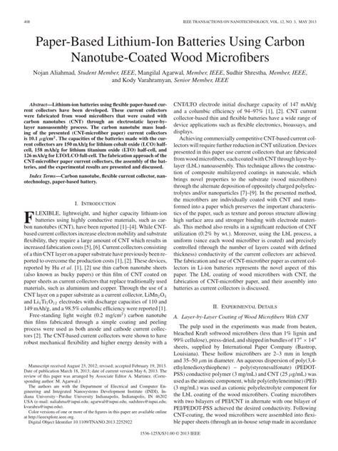 Pdf Paper Based Lithium Ion Batteries Using Carbon Nanotube Coated Wood Microfibers