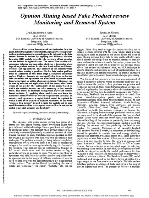 Fake Review Detection Iee Paper Pdf Machine Learning Statistical Classification