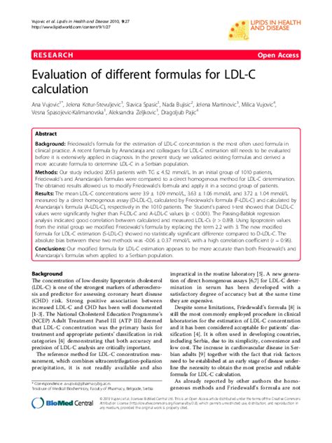 Pdf Evaluation Of Different Formulas For Ldl C Calculation